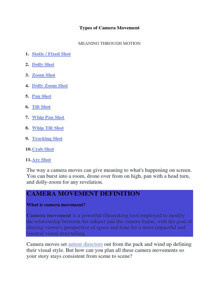 Types of Camera Movement | PDF | Zoom Lens | Camera