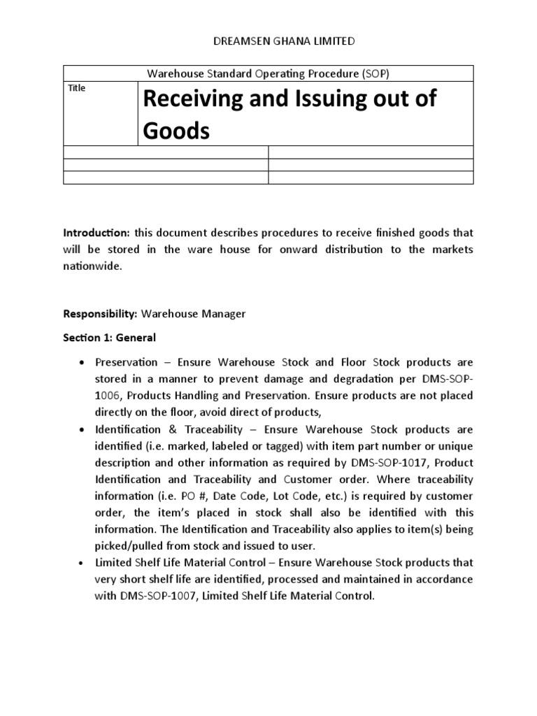 Warehouse Standard Operating Procedure S | PDF | Inventory | Warehouse
