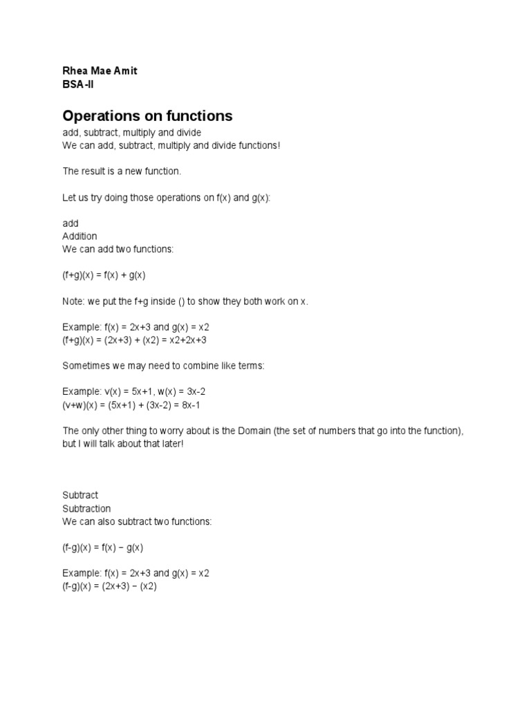 Operations of Function | PDF | Domain Of A Function | Function ...