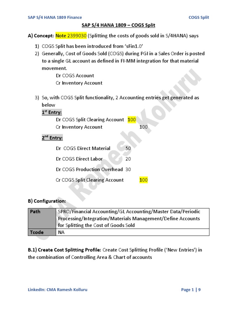 SAP S4 HANA 1809-COGS Split | PDF | Cost Of Goods Sold | Inventory