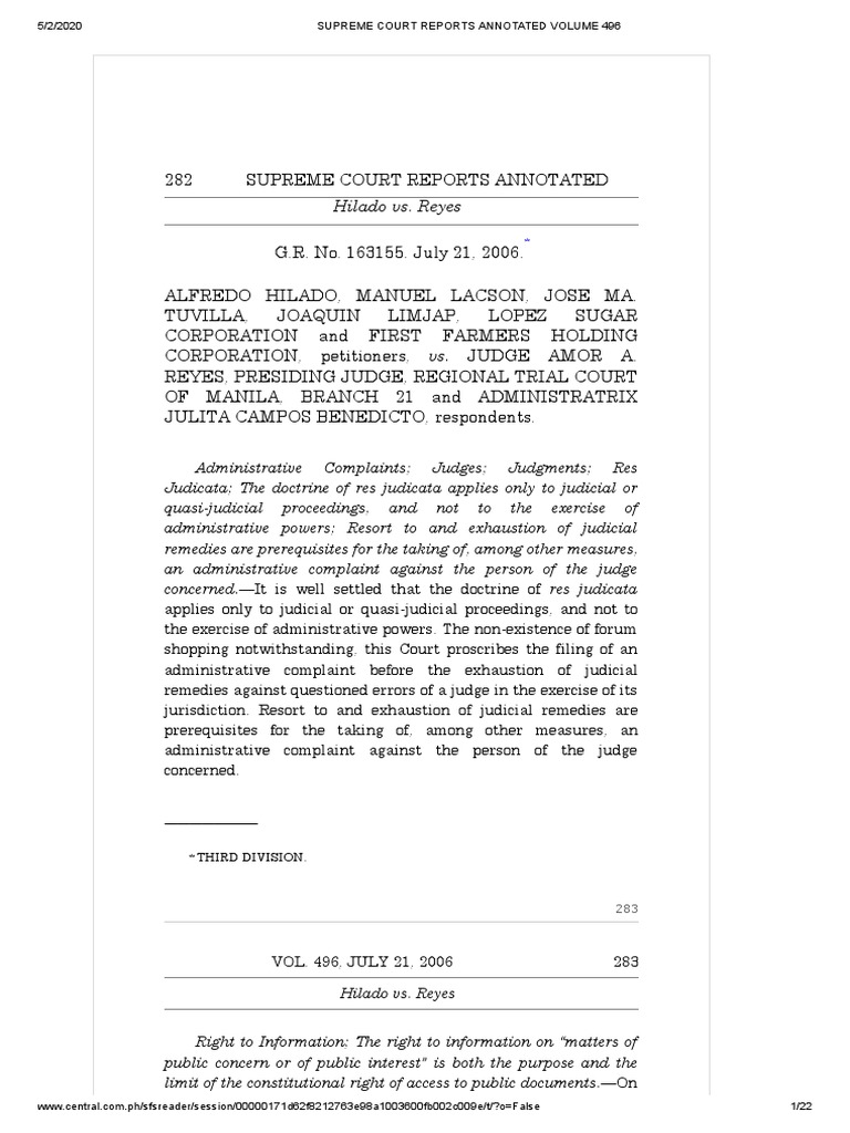 Hilado VS Judge Reyes PDF | PDF | Freedom Of Information Laws By ...