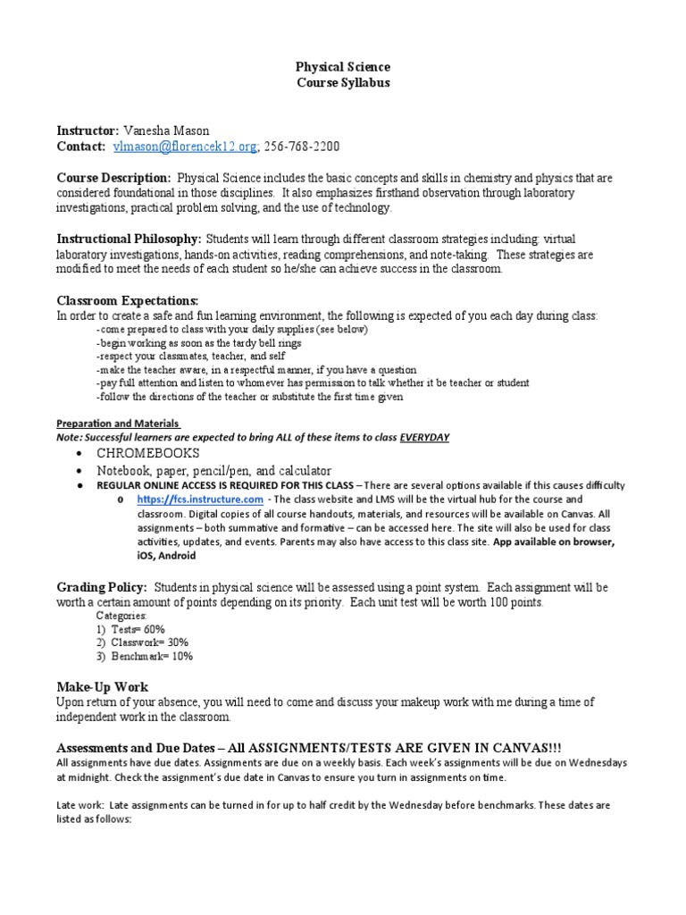 Physical Science Course Syllabus | PDF | Classroom | Teachers