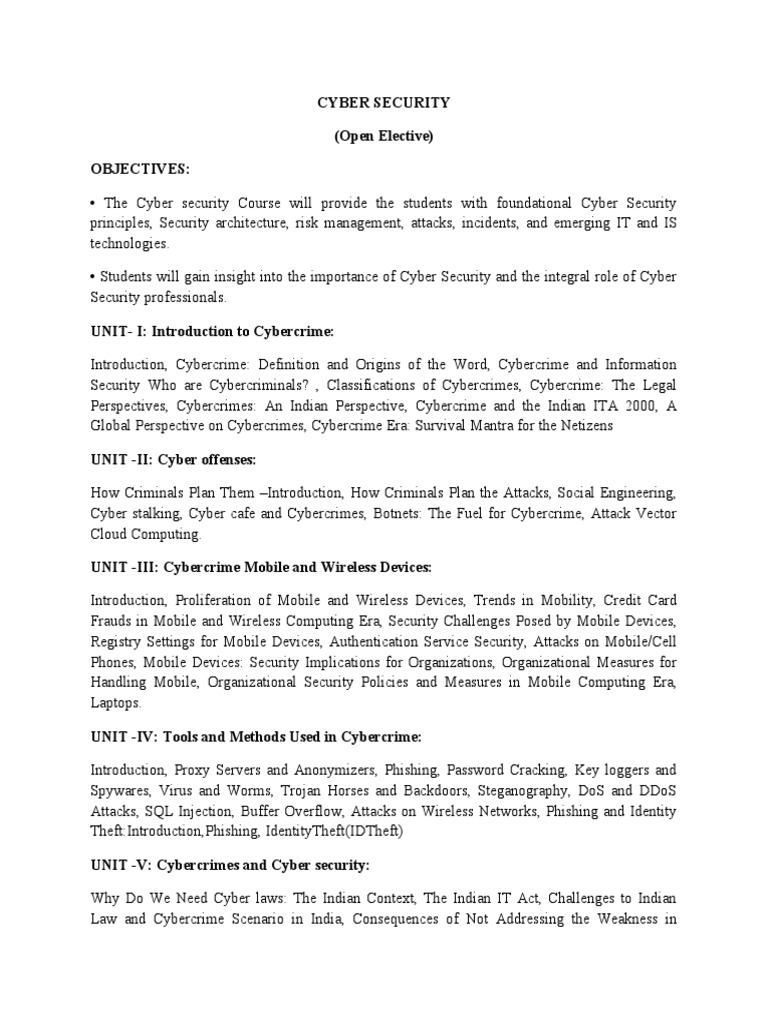 Cyber Security (Open Elective) Objectives | PDF | Computer Security ...