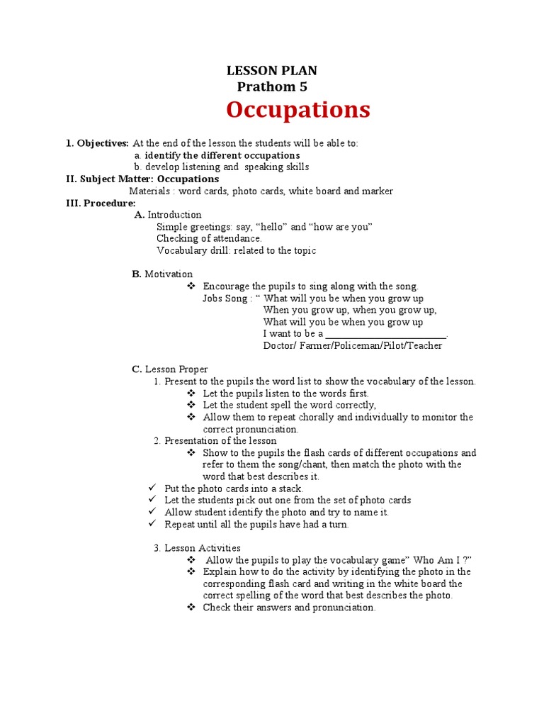 Occupations: Lesson Plan Prathom 5 | PDF | Lesson Plan | Vocabulary