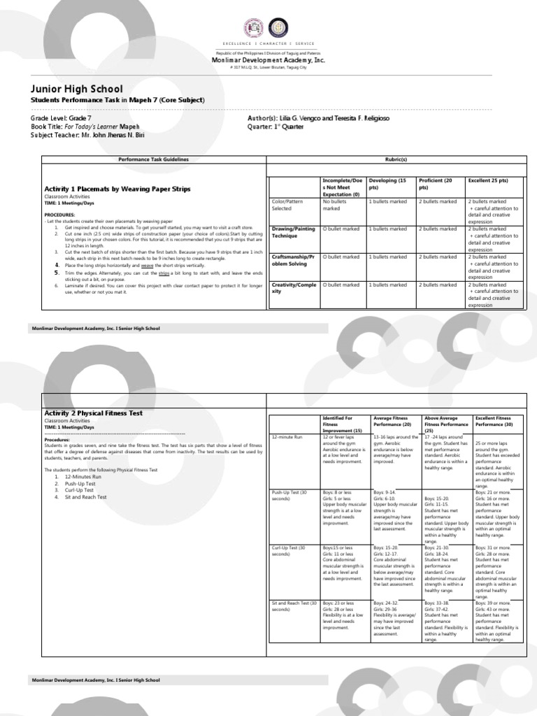 Junior High School: Students Performance Task in Mapeh 7 (Core Subject ...