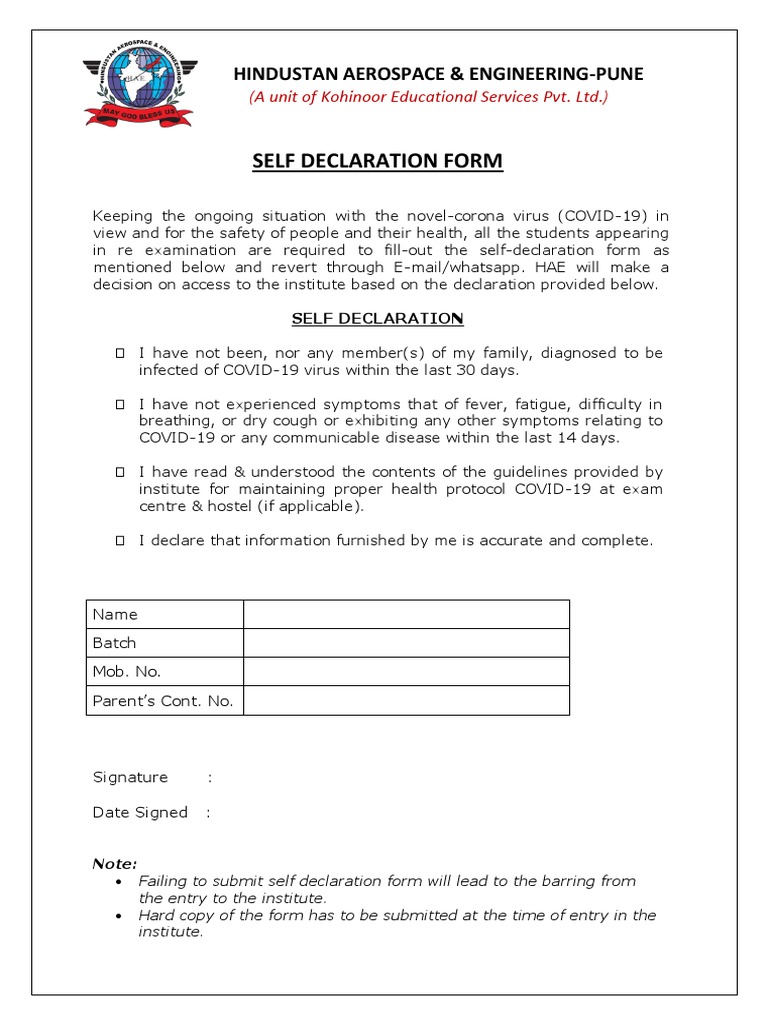 COVID-19 Self Declaration Form | PDF