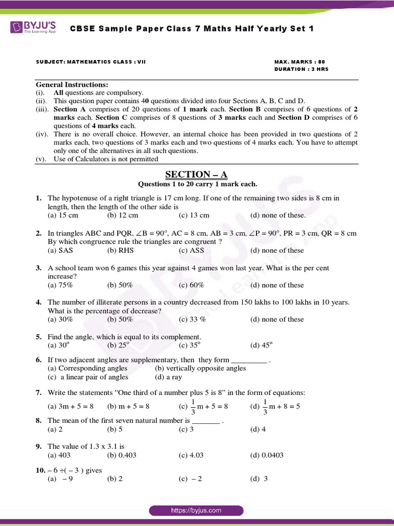 CBSE Class 7 Maths Sample Paper | PDF | Triangle | Area