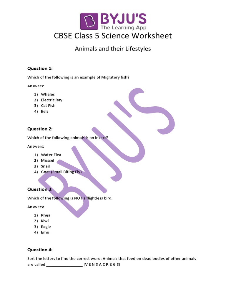 CBSE Class 5 Science Worksheet Animals PDF | PDF | Science & Mathematics