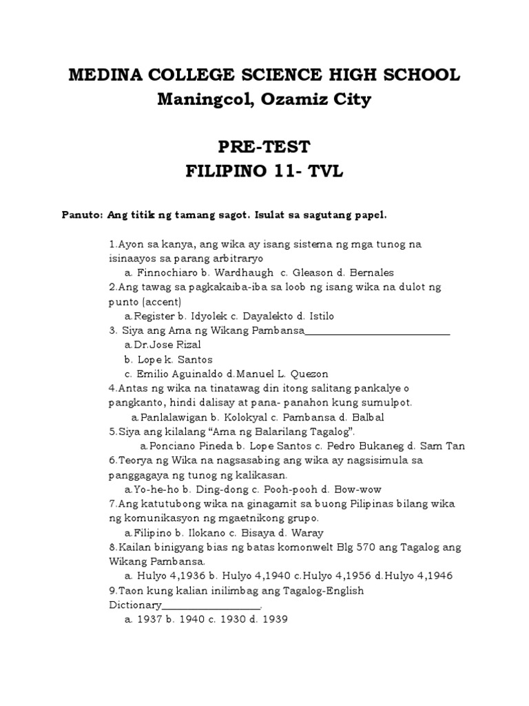 Pretest Grade 11 | PDF