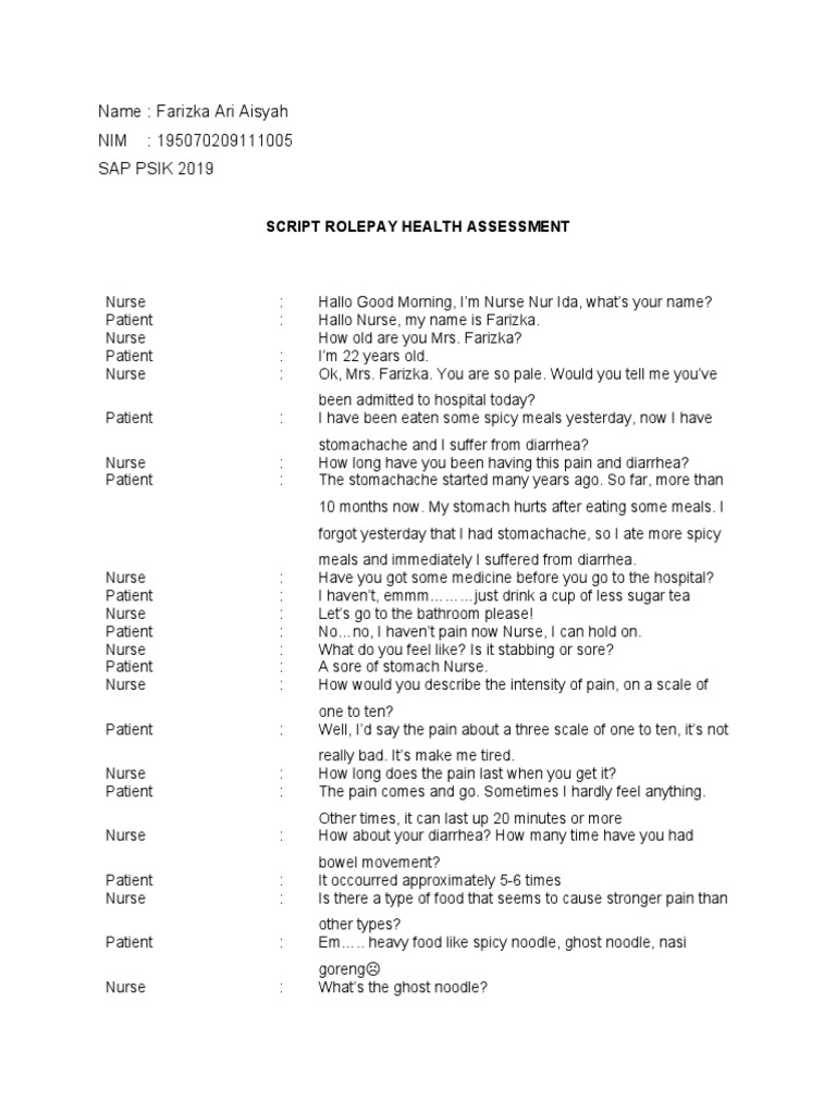 Health Assessment Script: Nurse & Patient | PDF | Pain | Nursing