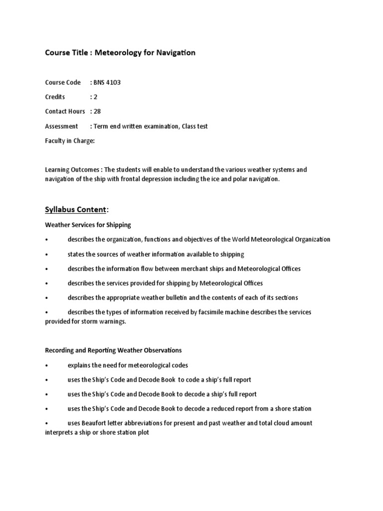 Course Title: Meteorology For Navigation: Weather Services For Shipping ...