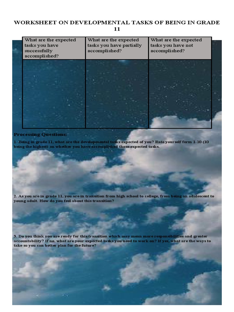 Worksheet On Developmental Tasks of Being in Grade 11 | PDF