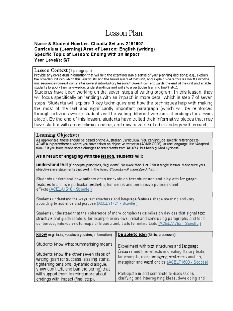 English - Writing - Lesson Plan | PDF | Lesson Plan | Curriculum