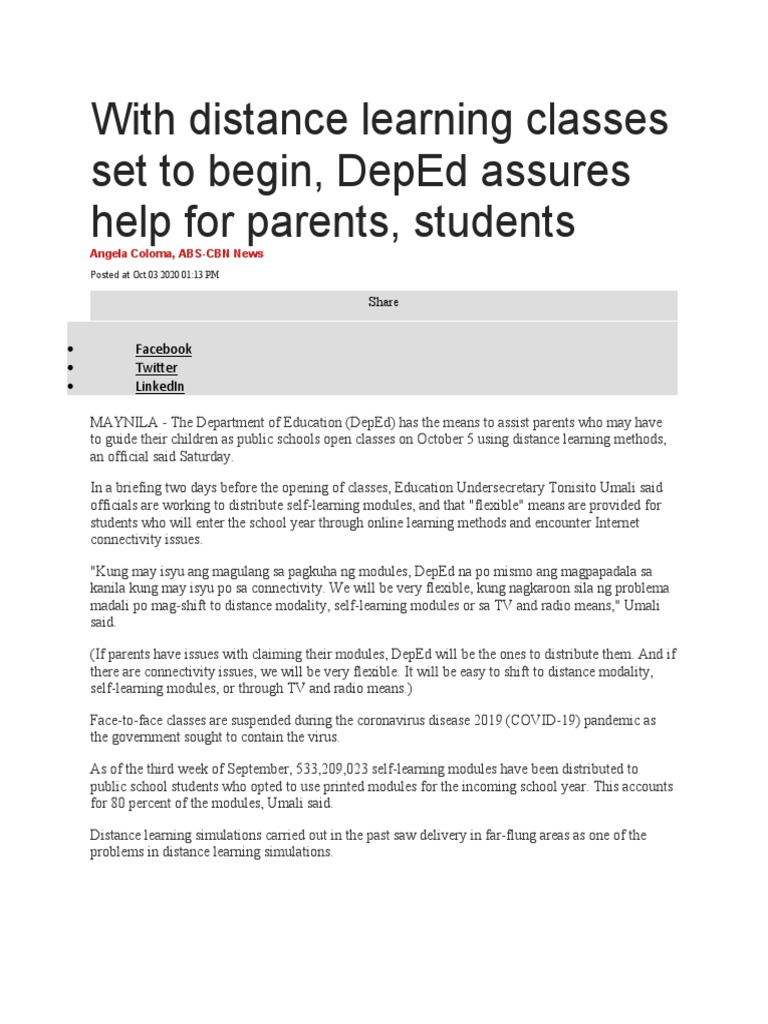 With Distance Learning Classes Set To Begin, Deped Assures Help For ...