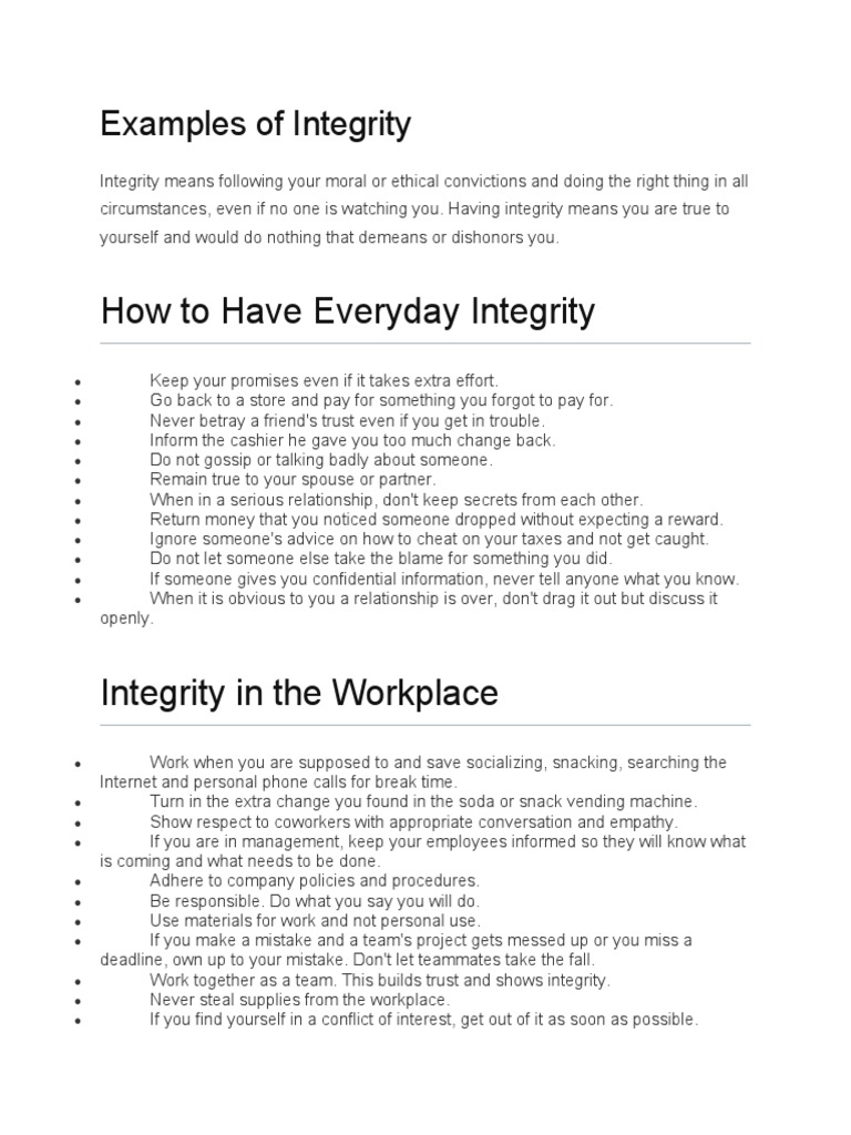 Examples of Integrity | PDF | Integrity | Social Institutions