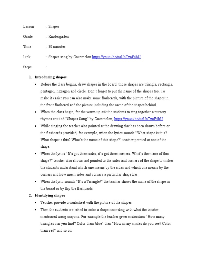 Kindergarten Shapes Lesson Plan | PDF | Teaching | Teachers