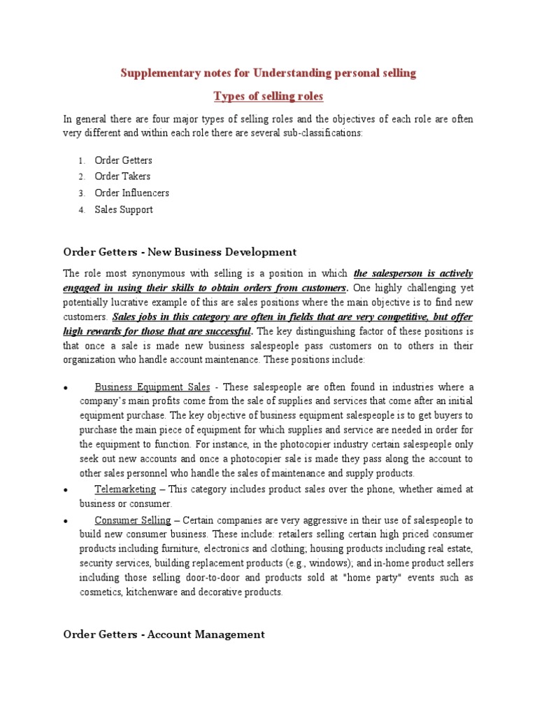 Supplementary Notes For Understanding Personal Selling Types of Selling ...