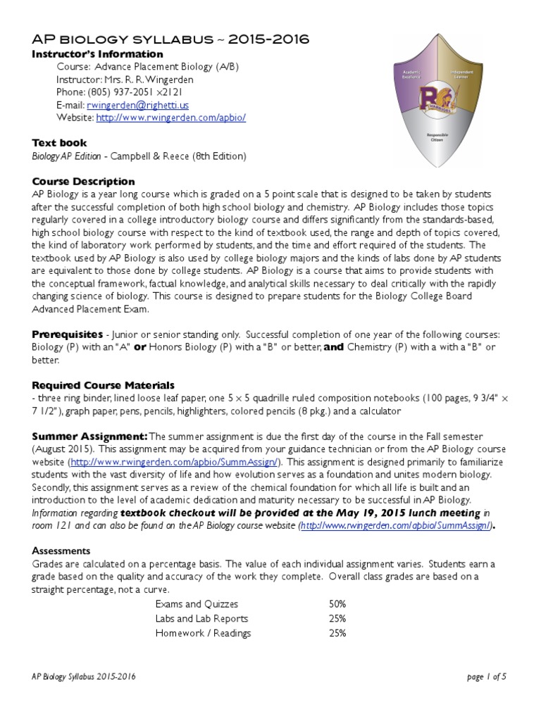 AP Biology Syllabus 2015-2016: Rwingerden@righetti - Us | PDF ...