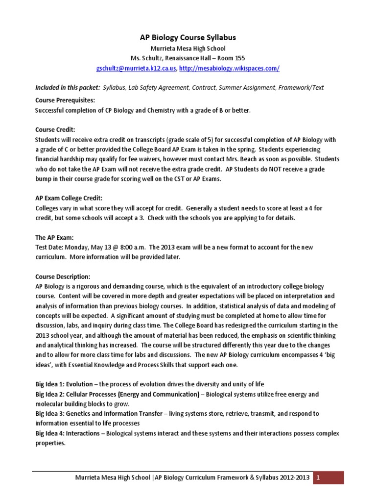 AP Biology Course Syllabus: Gschultz@murrieta.k12.ca - Us | PDF