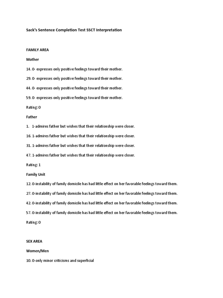 Sack's Sentence Completion Test SSCT Interpretation: Family Area Mother ...