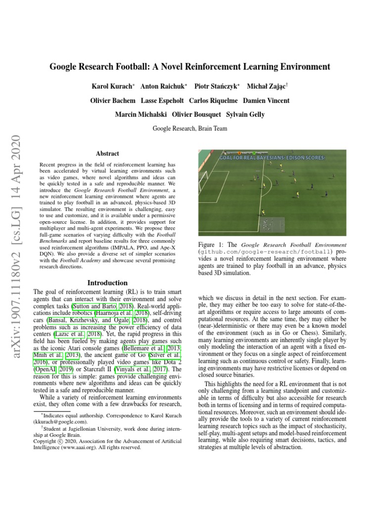 Google Research Football | PDF | Artificial Intelligence | Intelligence ...