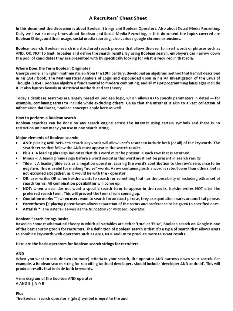 Recruiters Cheat Sheet | PDF | Linked In | Boolean Algebra