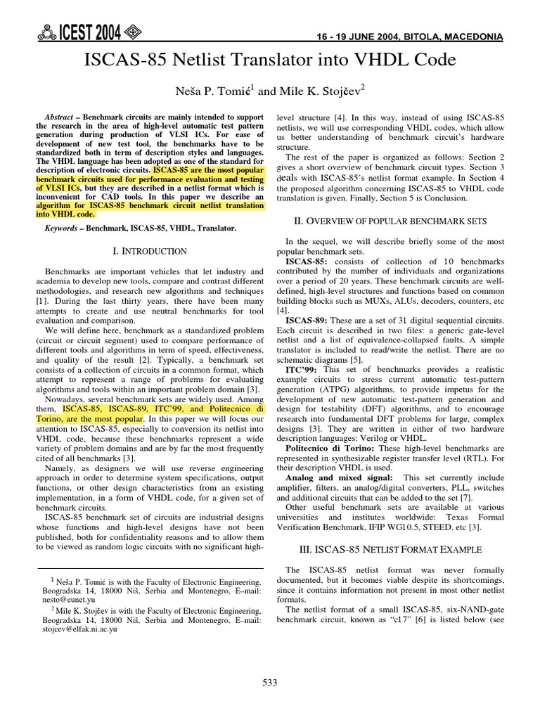 ISCAS-85 Netlist Translator Into VHDL Code: Neša P. Tomić and Mile K. Stojčev | PDF | Vhdl ...