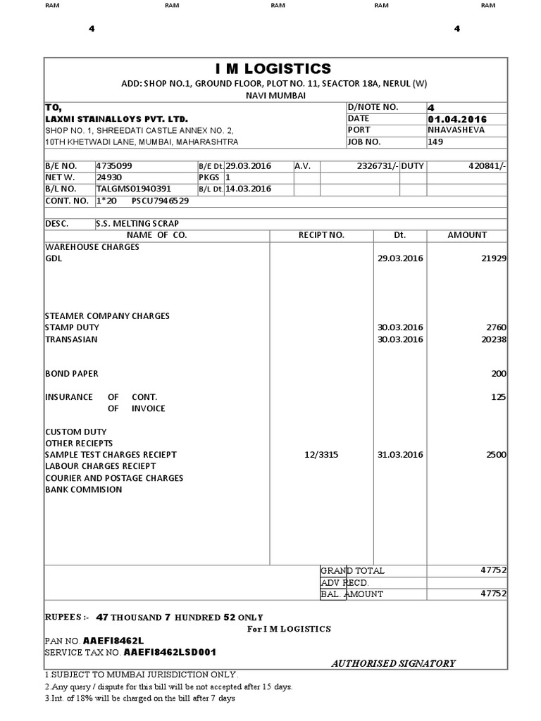 Logistics Invoice for Melting Scrap | PDF | Receipt | Service Industries