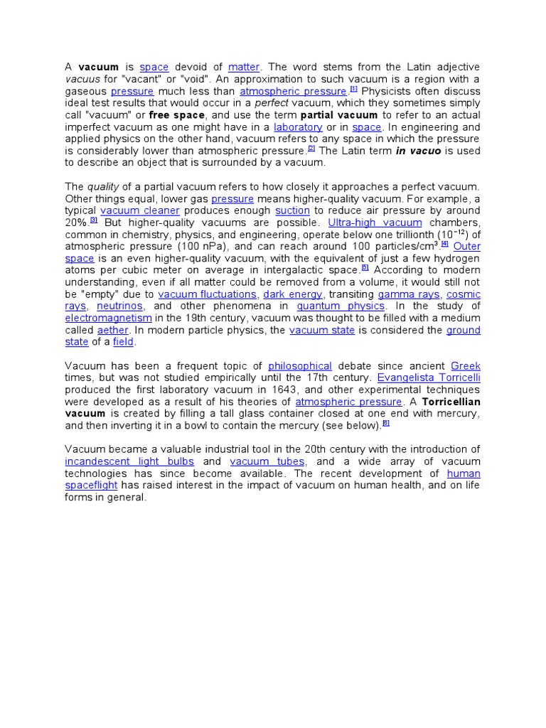 Vacuus For "Vacant" or "Void". An Approximation To Such Vacuum Is A ...