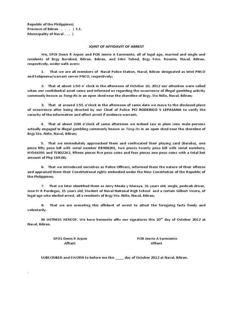 Affidavit of Arrest | PDF | Affidavit | Legal Procedure