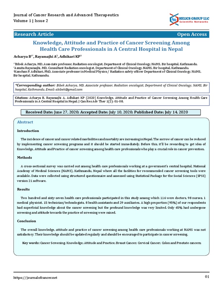 Knowledge, Attitude and Practice of Cancer Screening Among Health Care Professionals in A ...