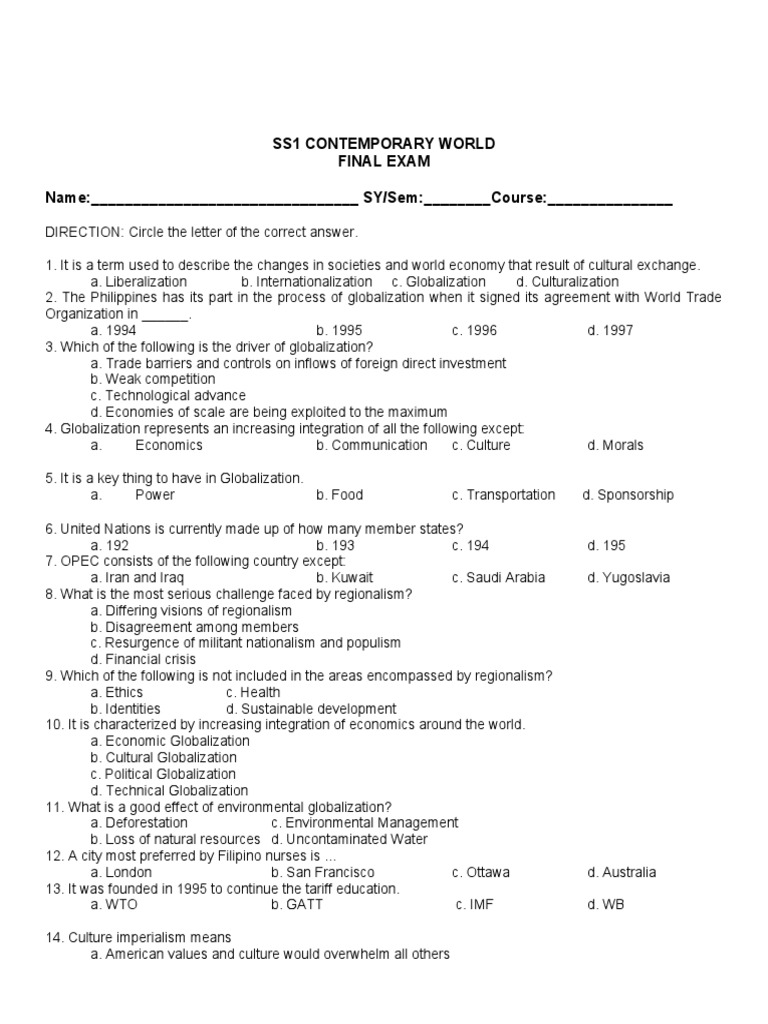 Ss1 Contemporry World Final Exam | PDF | Globalization | International ...