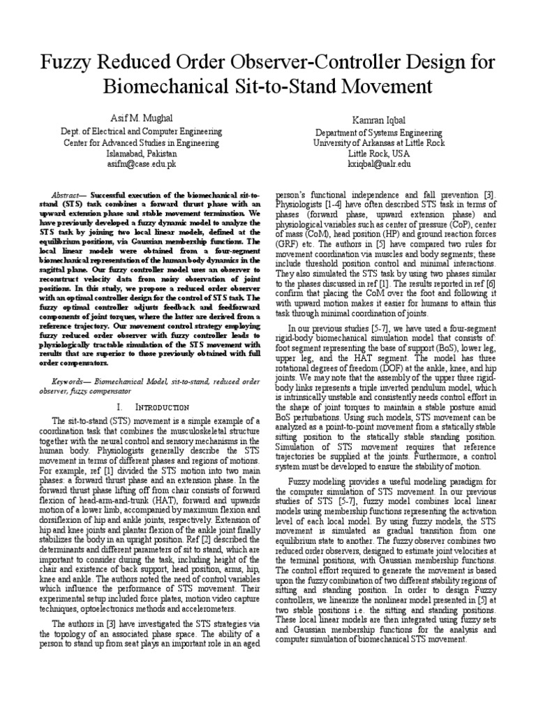 Fuzzy Reduced Order Observer-Controller Design For Biomechanical Sit-to ...