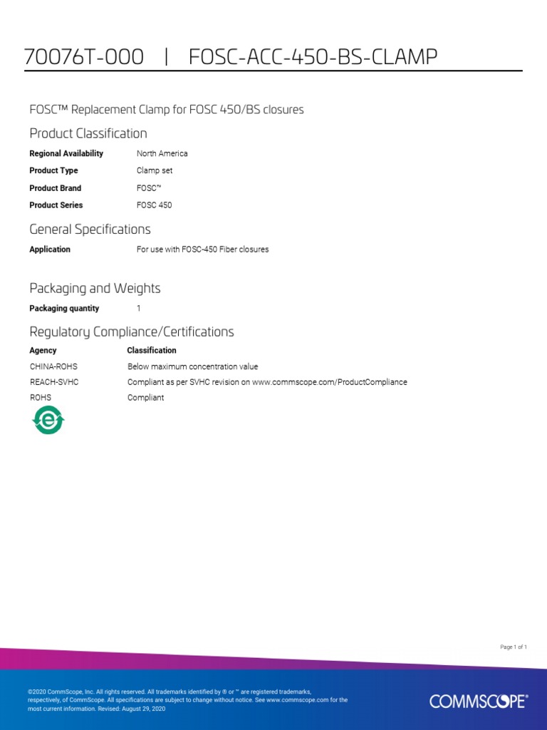 70076T-000 - FOSC-ACC-450-BS-CLAMP: Product Classification | PDF