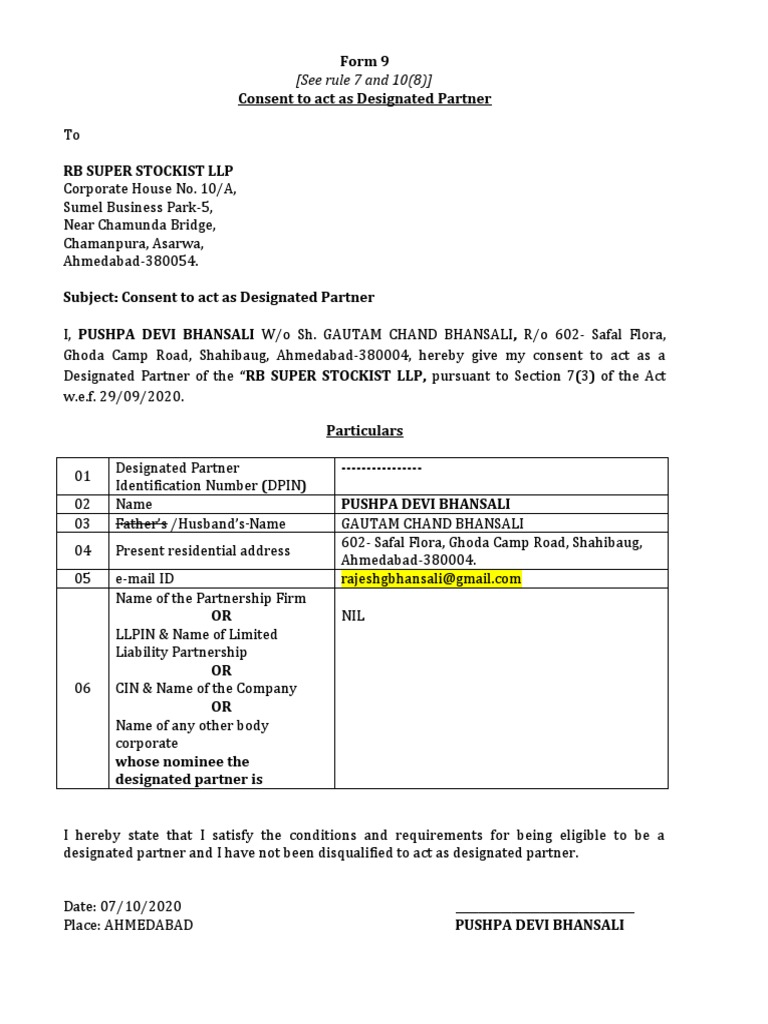 Form 9 Consent To Act As Designated Partner: (See Rule 7 and 10 (8) ) | PDF