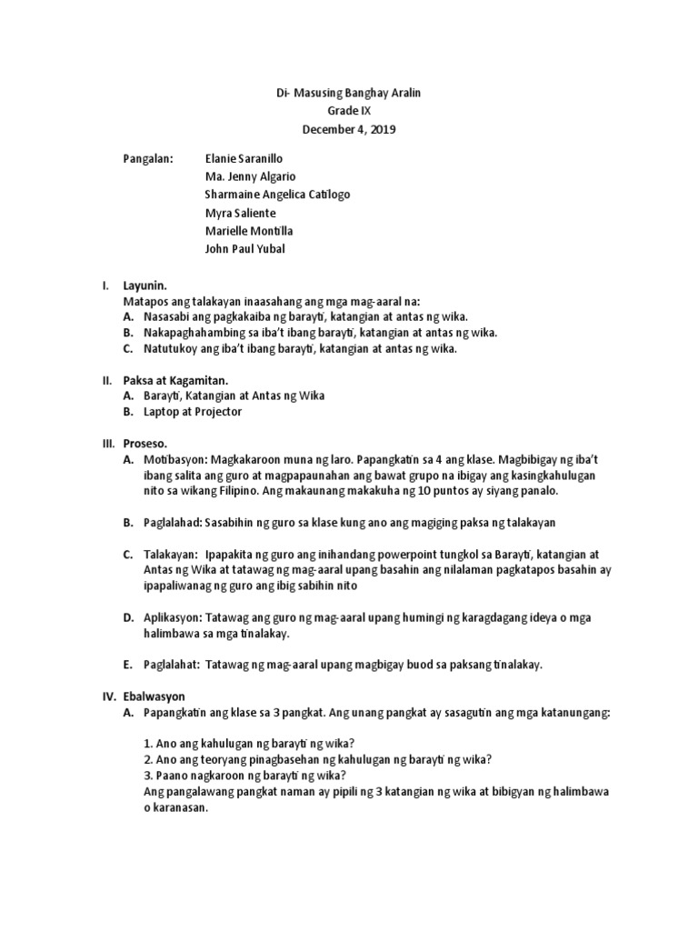 Di Masusing Banghay Sample | PDF