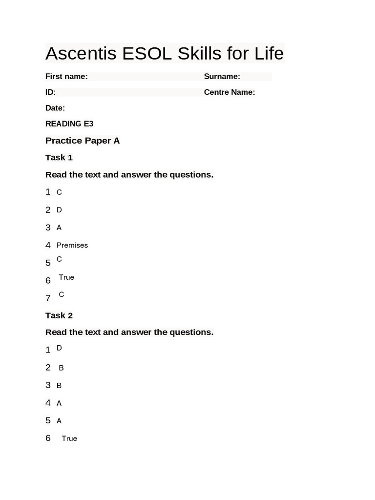 E3 Ascentis ESOL Skills For Life Practice Paper A PDF | PDF