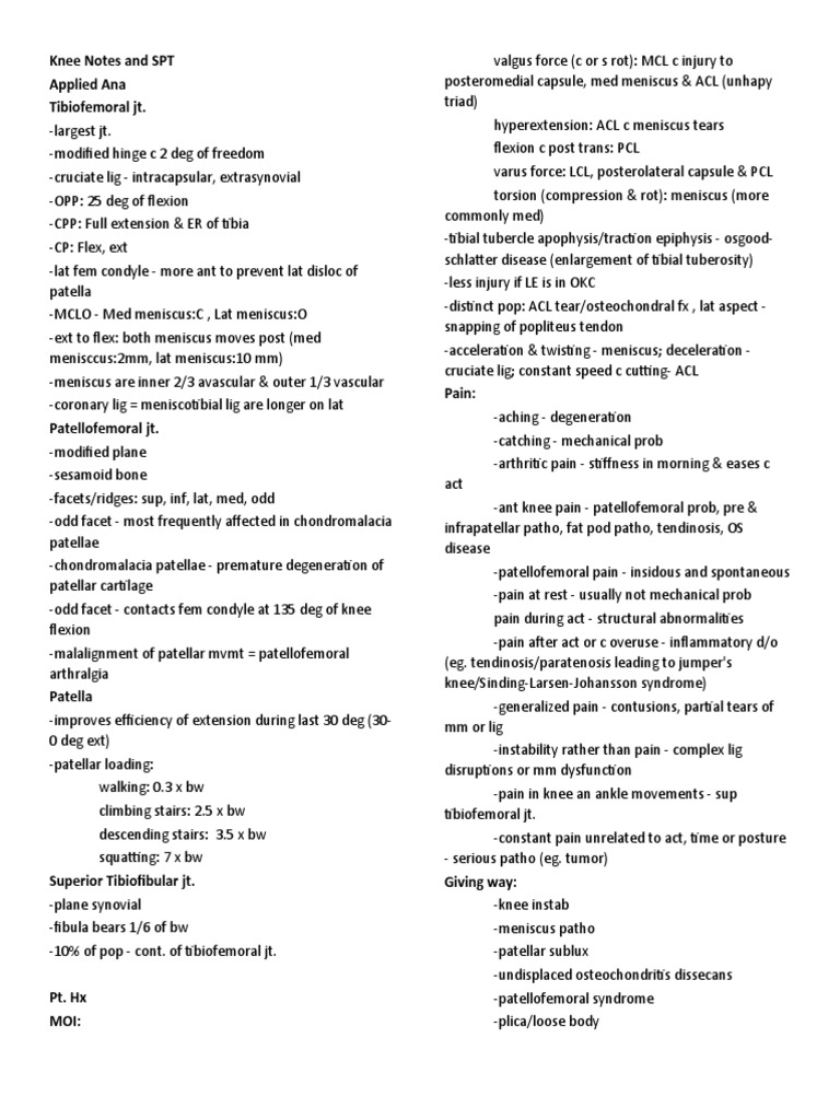Knee Notes and SPT Applied Ana Tibiofemoral JT | Download Free PDF ...
