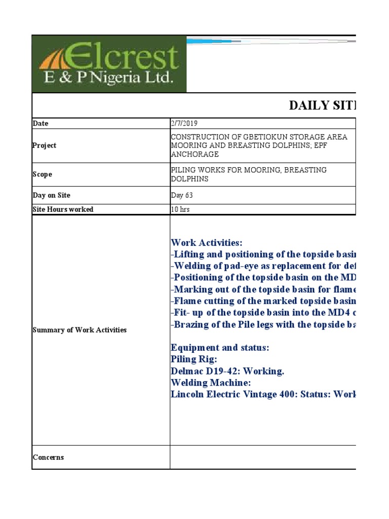 Daily Site Report: Date Project | PDF | Crane (Machine) | Manufactured ...