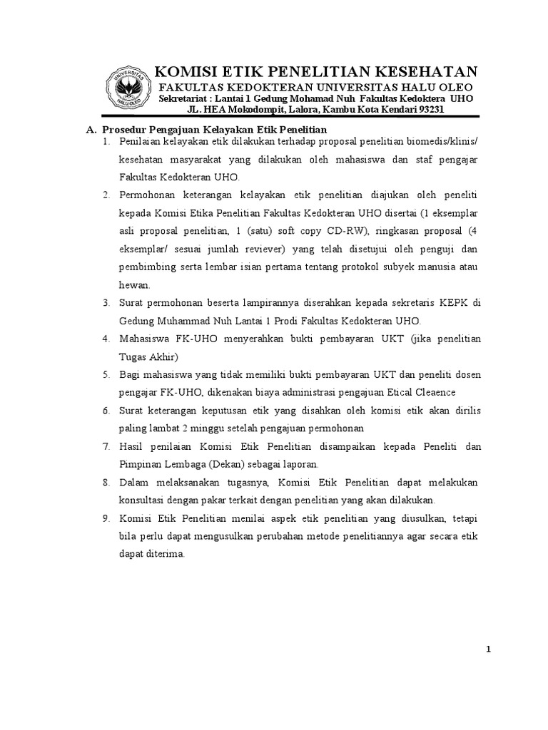 Sop Pengajuan Etik FK Uho | PDF