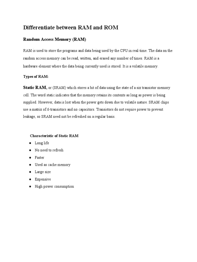 Differentiate Between RAM and ROM: Random Access Memory (RAM) | PDF ...