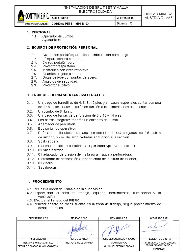 Procedimiento para la instalación de split set y malla electrosoldada ...