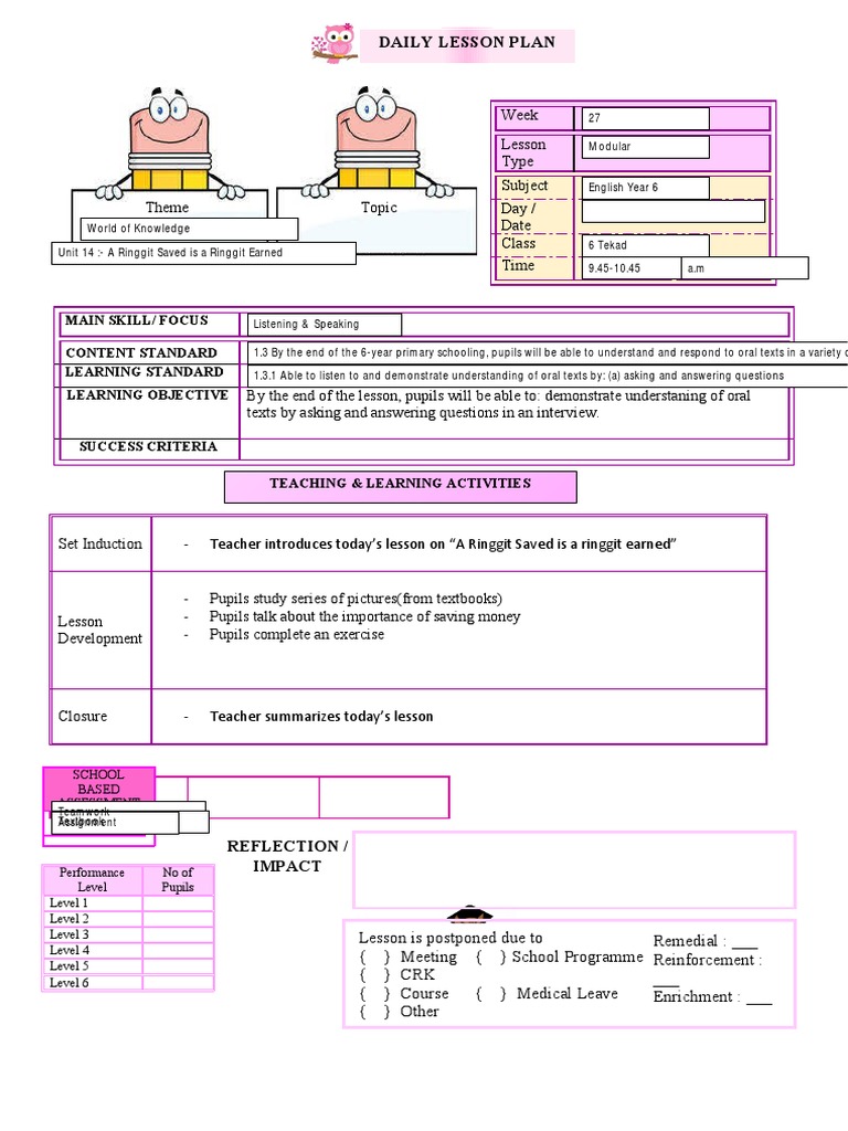 Daily Lesson Plan: Main Skill/ Focus Content Standard Learning Standard ...