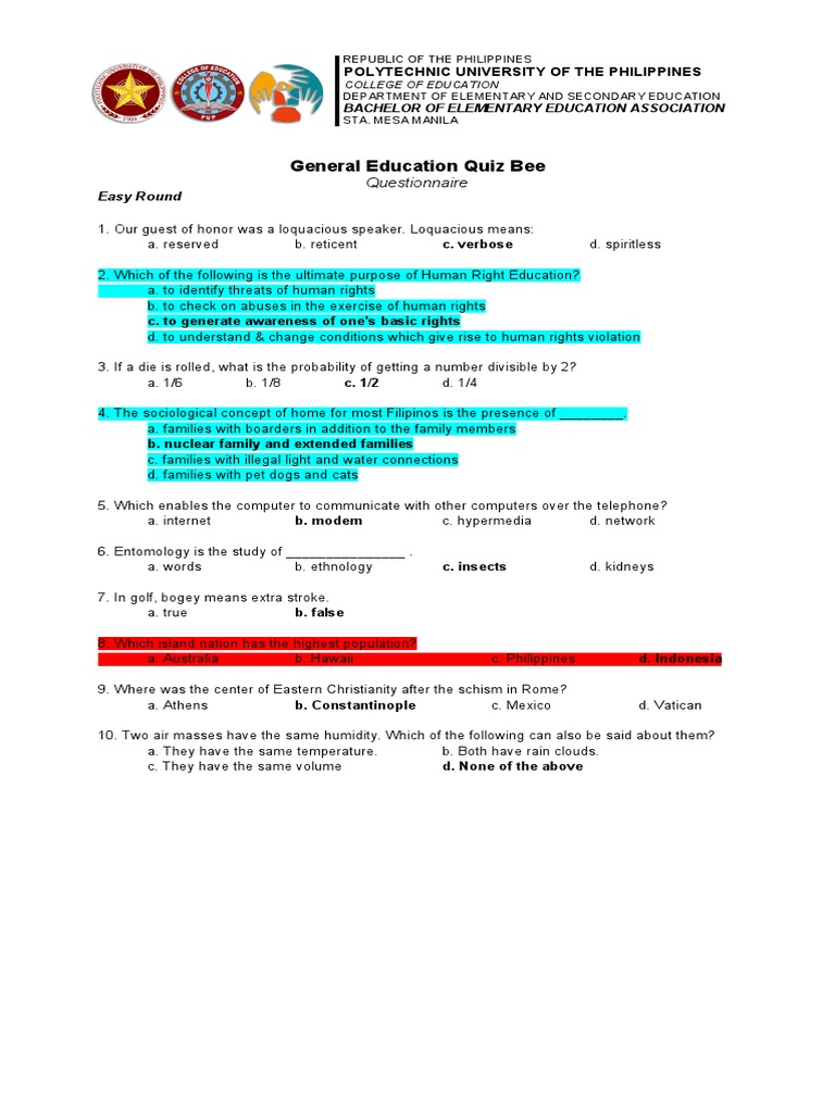 General Education Quiz Bee: Questionnaire | PDF | Nature