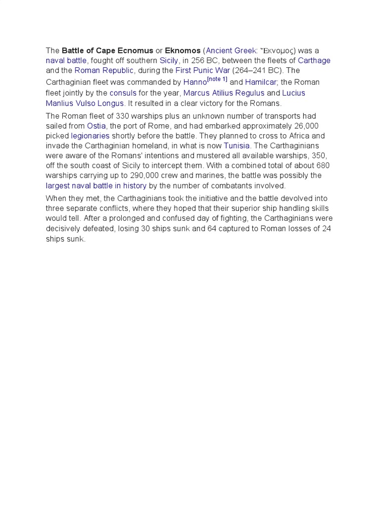 Battle of Cape Ecnomus Overview | PDF