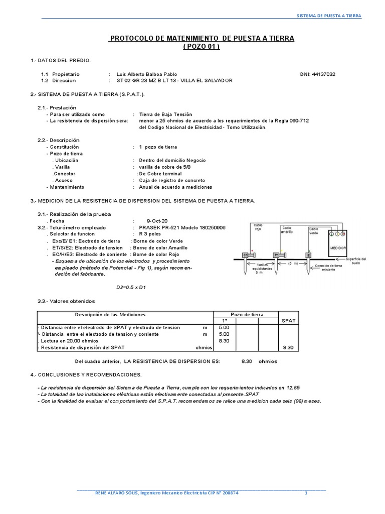 Protocolo de Mantenimiento SPAT | PDF | Resistencia Eléctrica y Conductancia | Electricidad