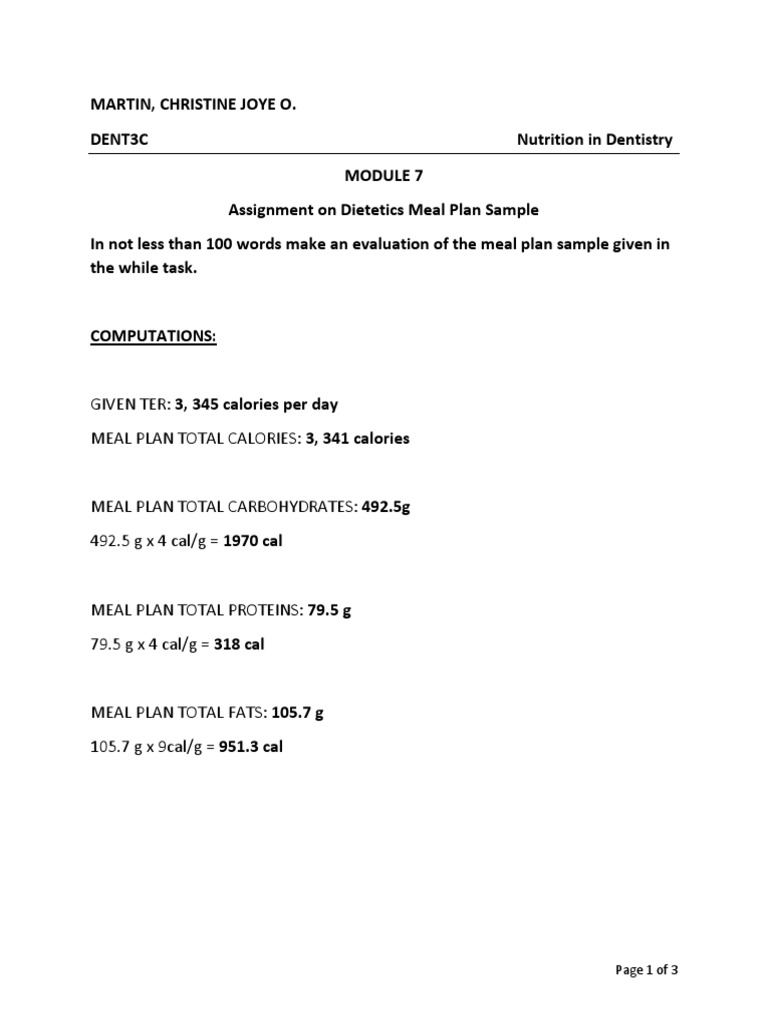 MARTIN - DENT3C - Assignment On Dietetics Meal Plan Sample | PDF ...