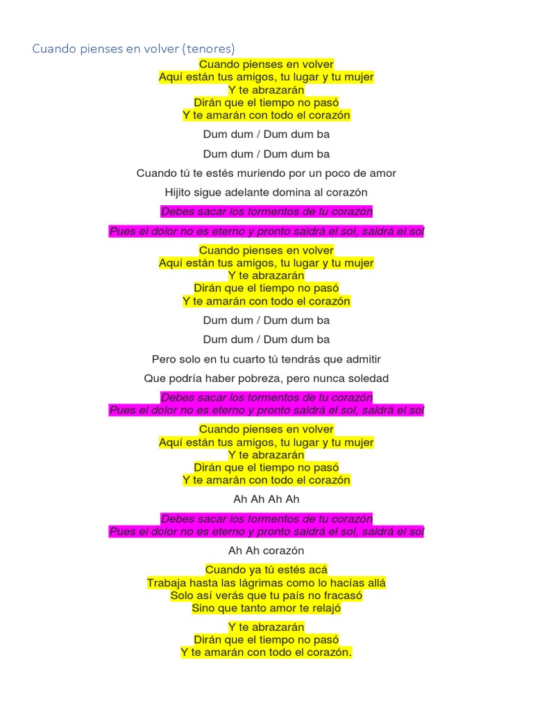 4.3 Cuando Pienses en Volver (Letra Tenores) PDF | PDF