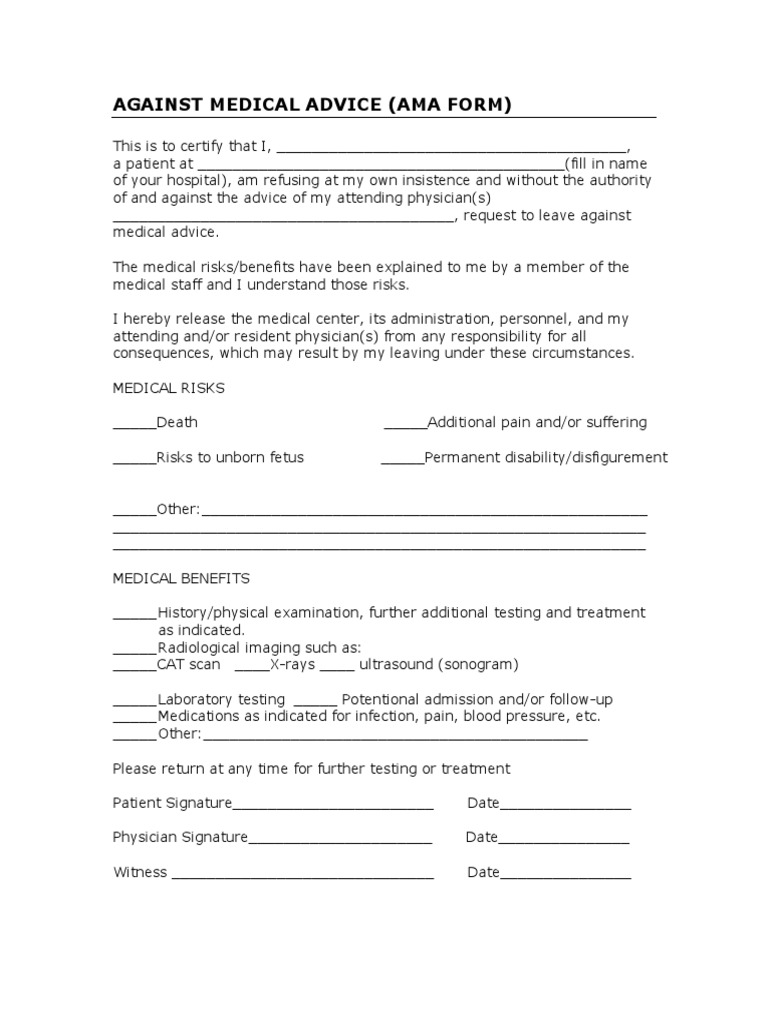 Against Medical Advice (Ama Form) | PDF