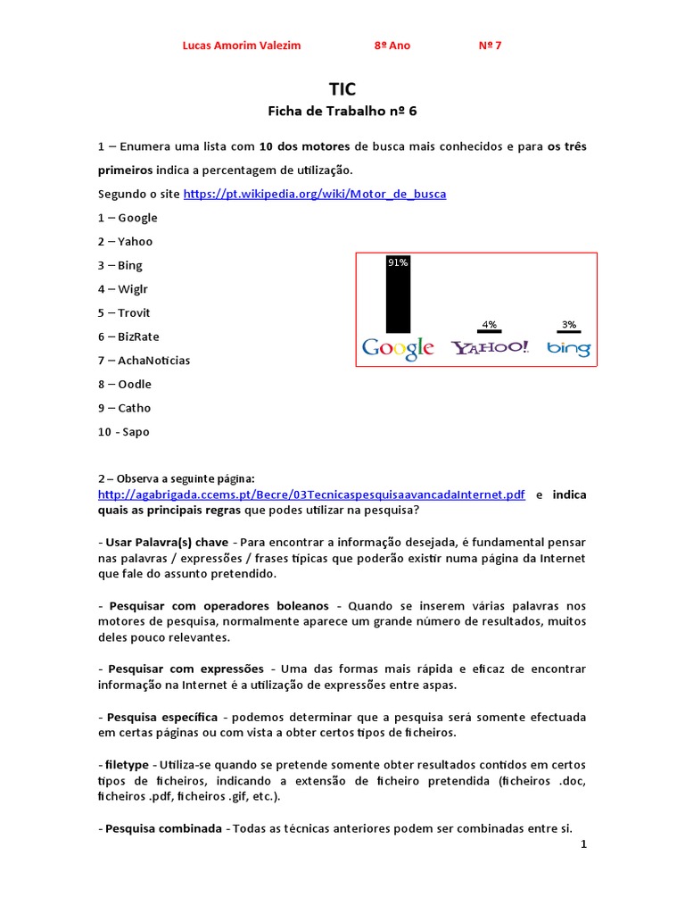 TIC - Ficha de Trabalho Nº 6 | PDF | Internet | Science
